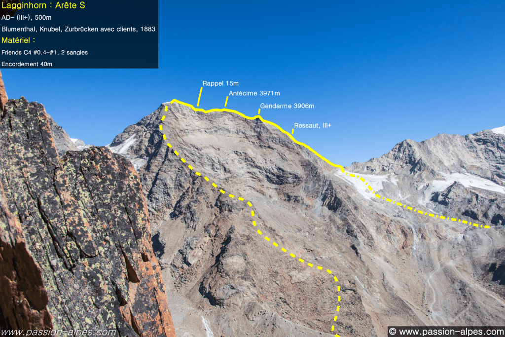 Topo - Lagginhorn (4010m) : Arête Sud, AD-/III/500m - Passion Alpes - Guide